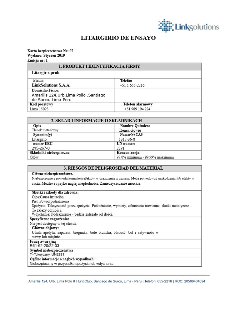 MSDS Litargirio PDF | PDF