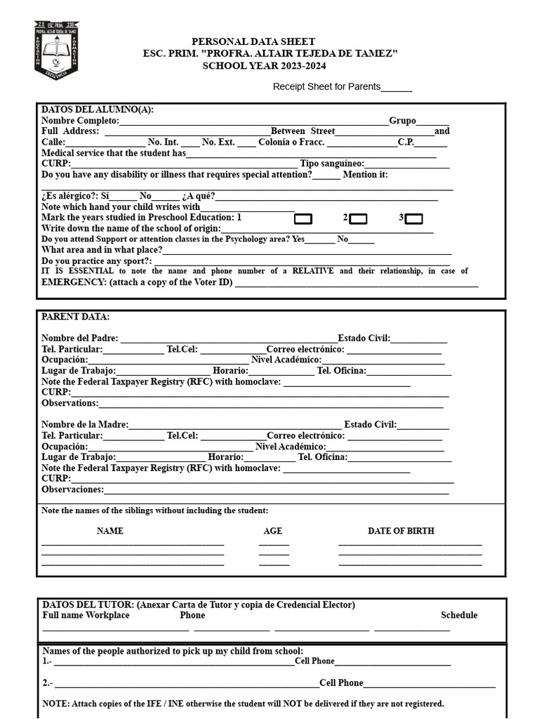 Student Personal Data Sheet 2023-2024 | PDF | Government | Accountability