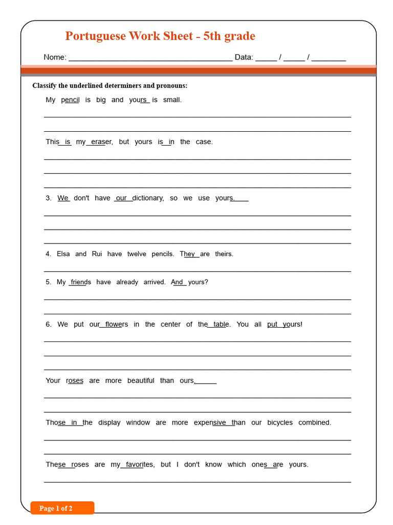 Portuguese Worksheets - 5th Grade - Determiners and Pronouns | PDF ...