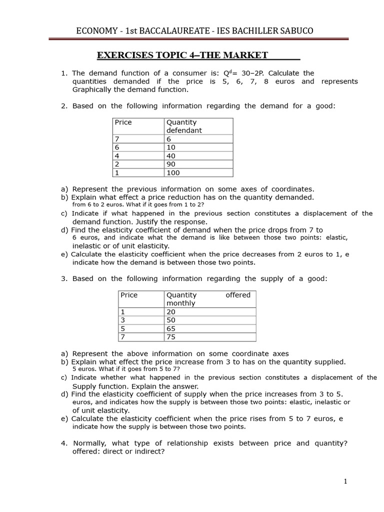 Exercises Topic 4 - The Market PDF | PDF | Elasticity (Economics) | Demand