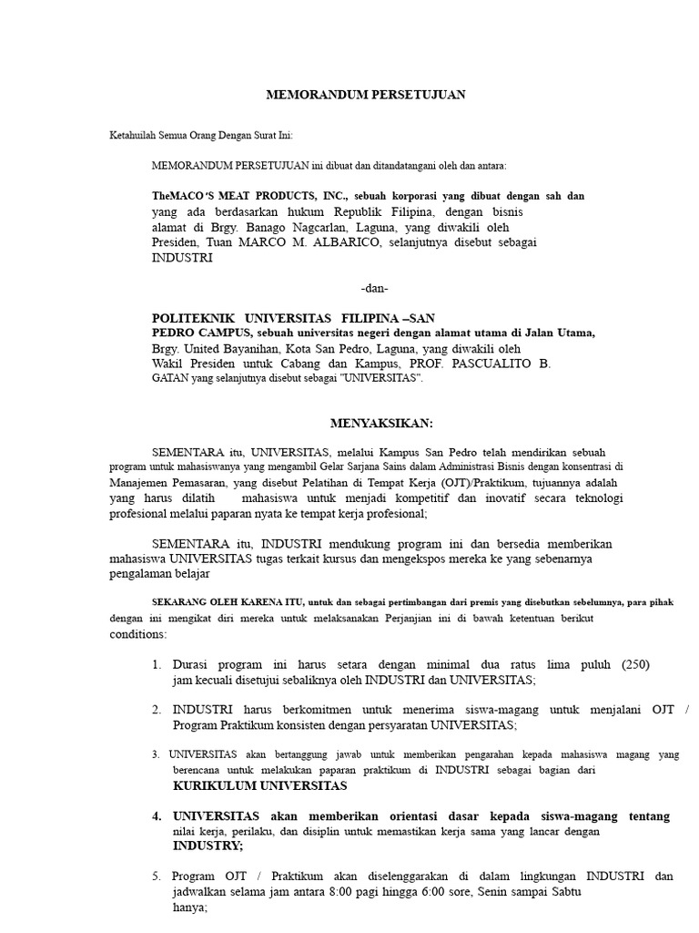 Template MOA Untuk OJT | PDF