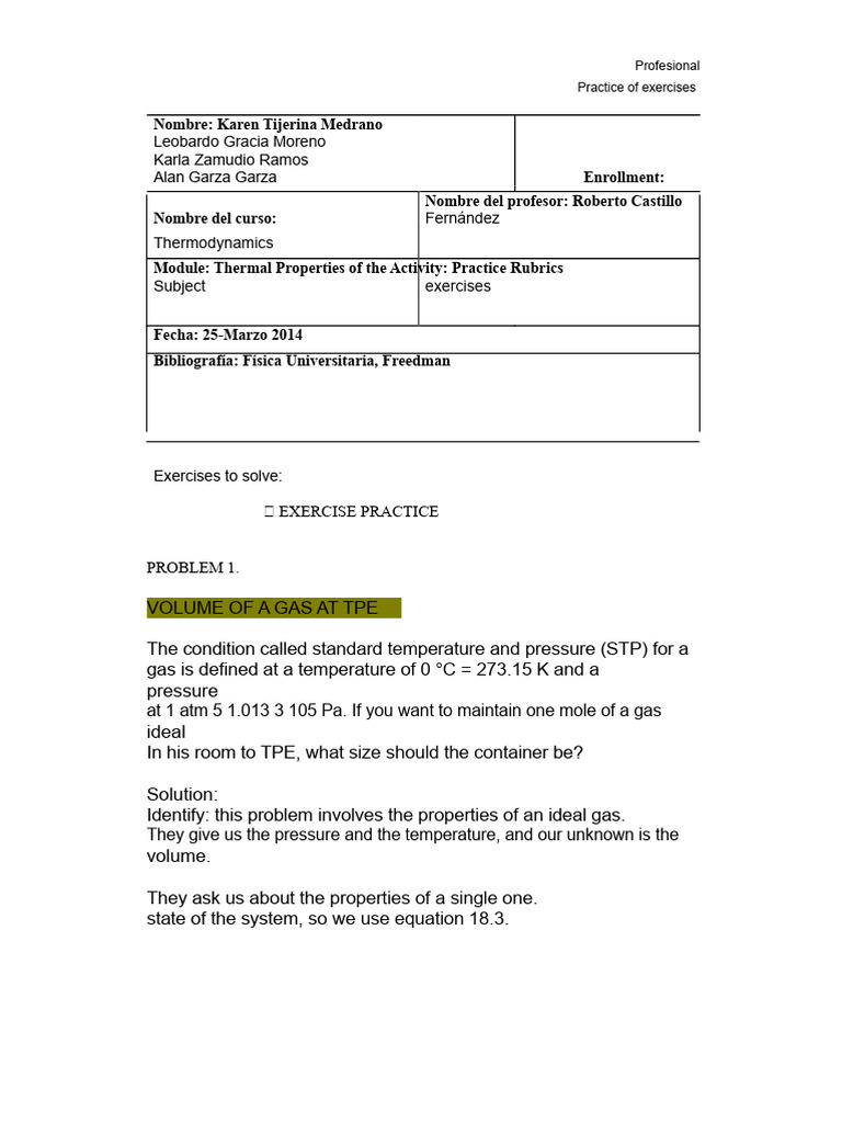 Example Practice of Professional Exercises - New | PDF | Gases ...