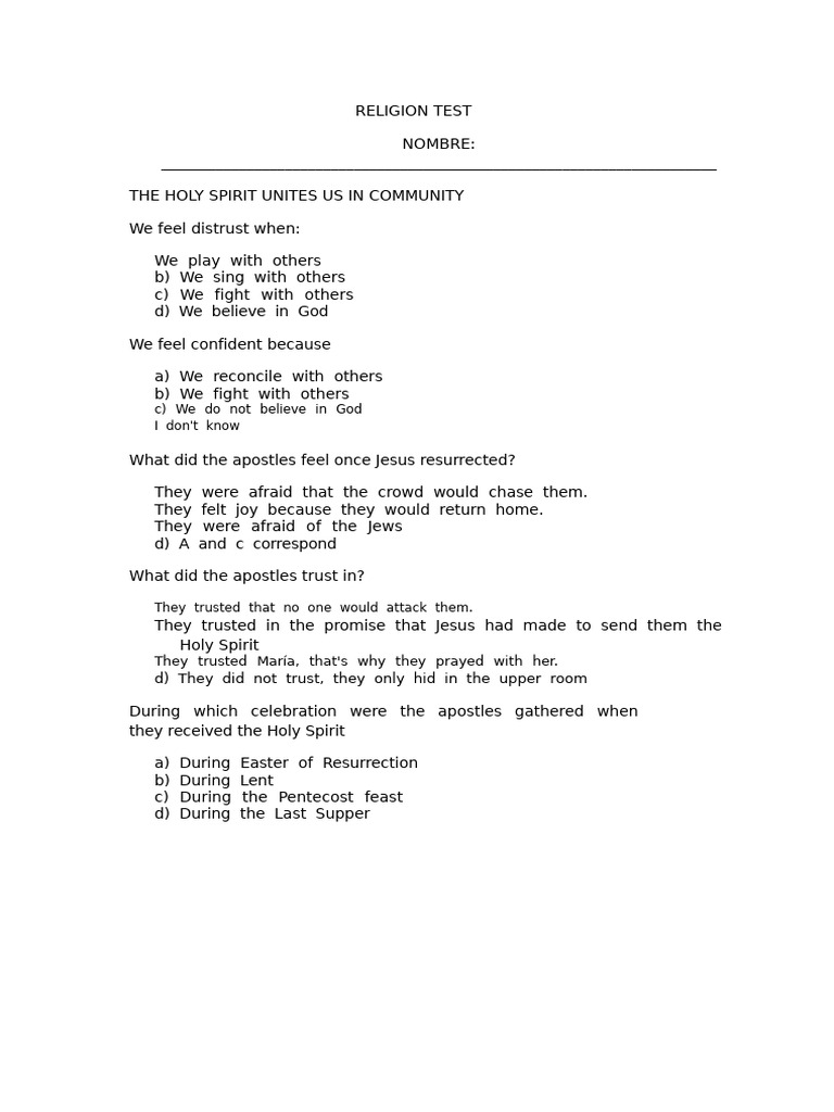 Religion Test 4th Grade | PDF | Eucharist | Pentecost