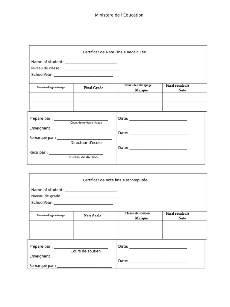 Certificat de Note Finale Recalculée | PDF
