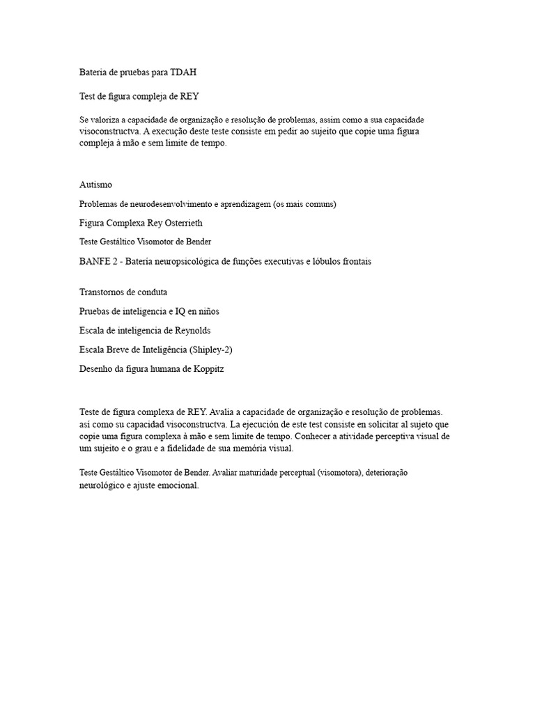 Testes Neuropsicológicos para TDAH e Autismo | PDF