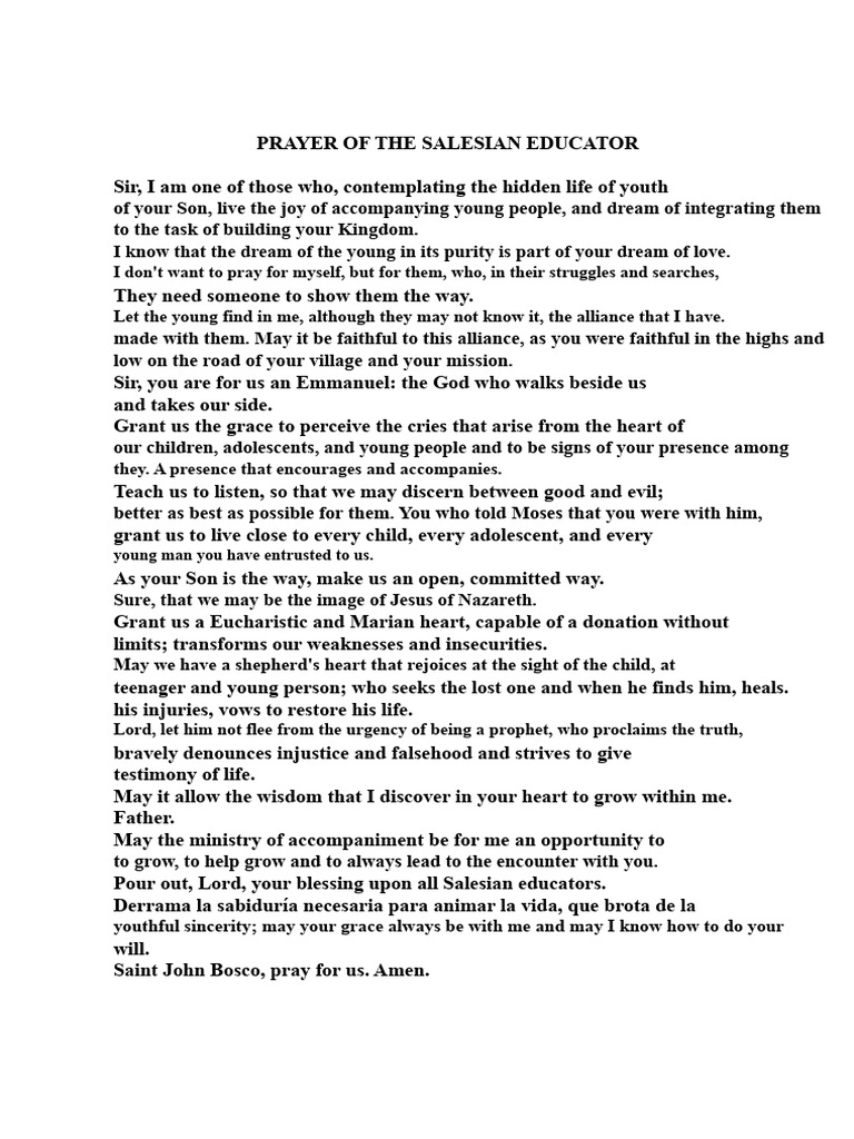 Salesian Educator's Prayer and Profile | PDF | Love | Knowledge