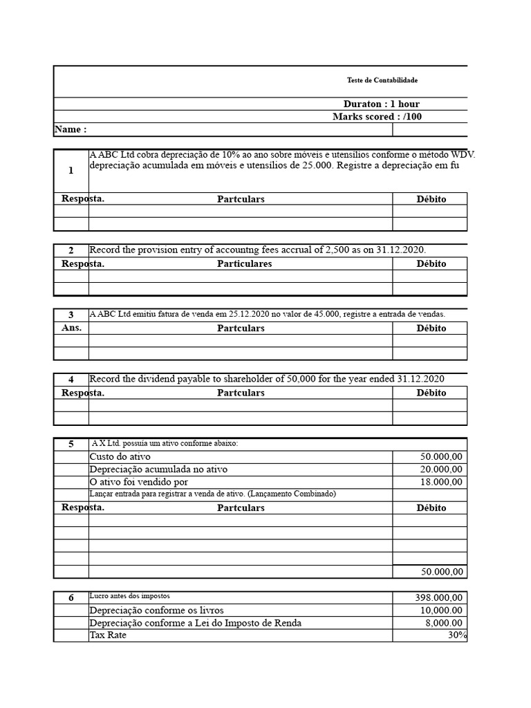 Folha de Teste-Contas v1 Cópia | PDF | Depreciação | Contabilidade