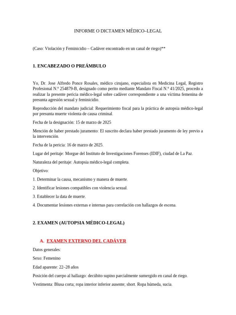 Informe Médico-Legal: Feminicidio y Violación | PDF | Violación | Autopsia