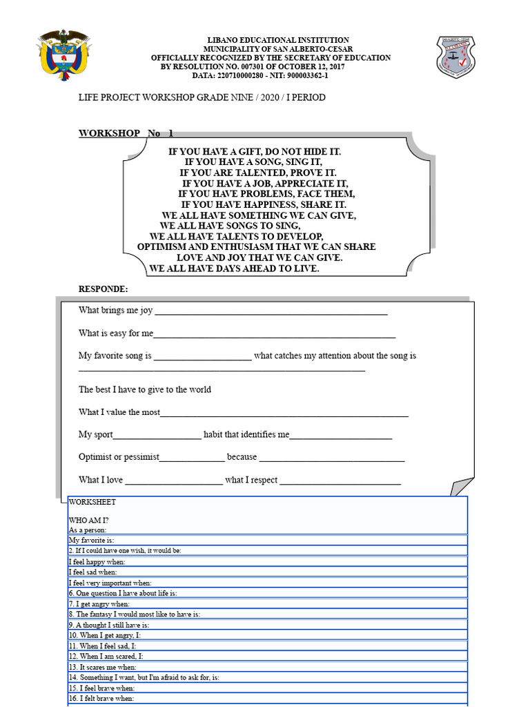Life Project Workshop Ninth Grade | PDF | Psychological Concepts ...