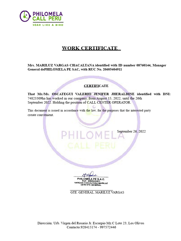 Work Certificate for Call Center Operator | PDF