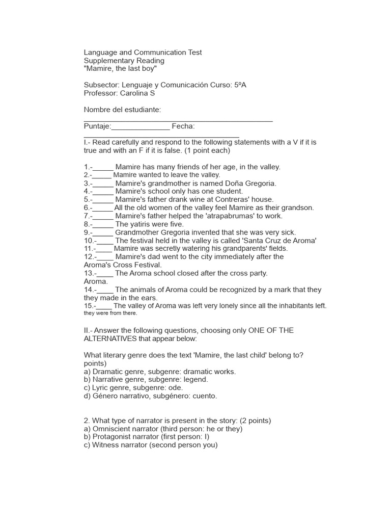 Language and Communication Test MAMIRE THE LAST CHILD | PDF | Genre