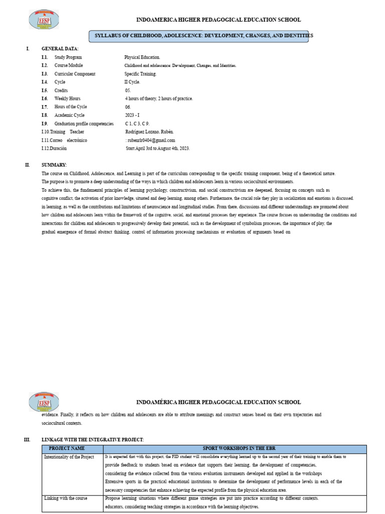 Childhood & Adolescence Development Syllabus | PDF | Learning ...