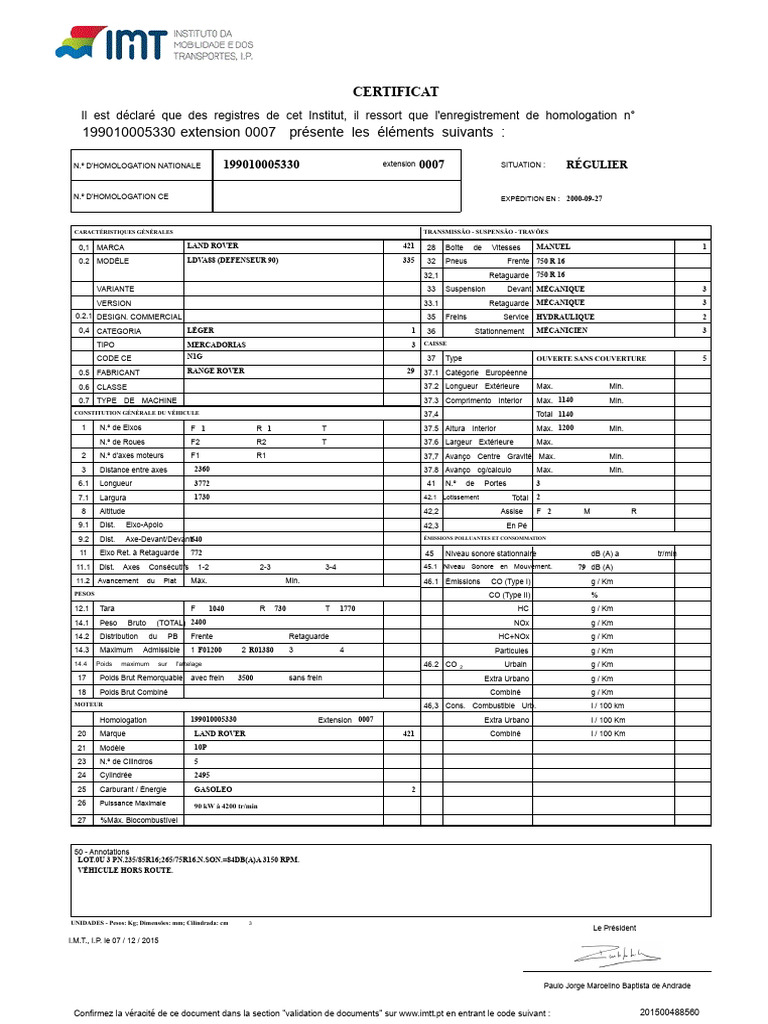 Certificat d'Homologation Land Rover | PDF | Véhicules terrestres ...