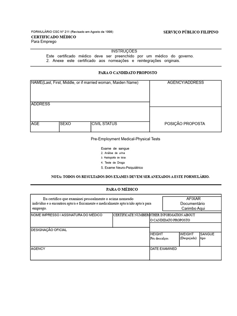 Certificado Médico do Formulário CSC 211 (2)(1) | PDF