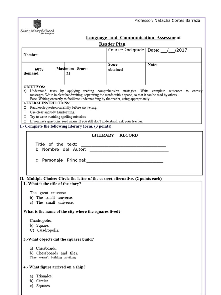 Reading Plan Test "The Little Universe" | PDF | Reading Comprehension ...