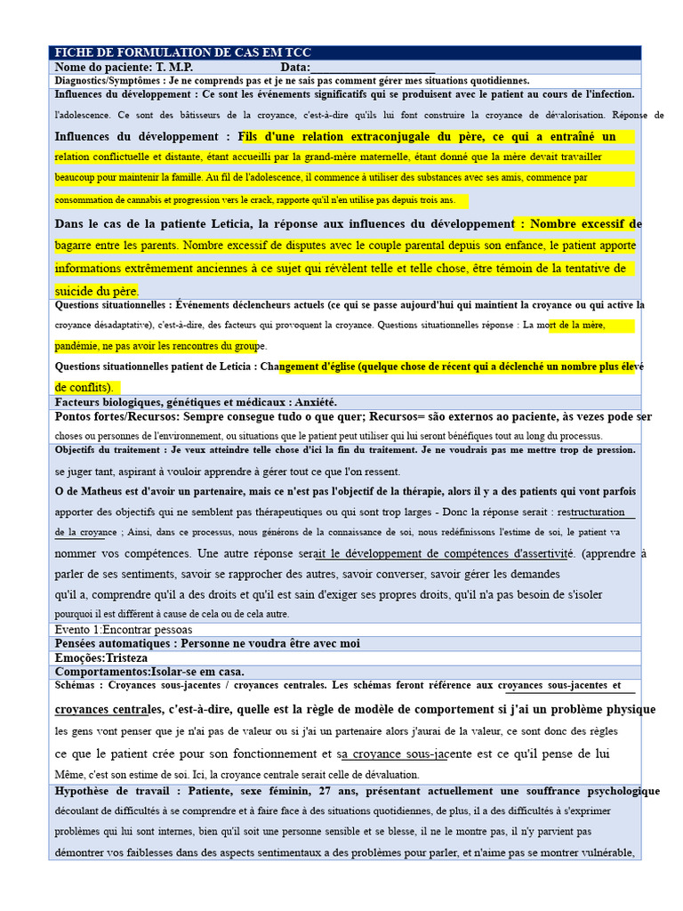 Explication de La Fiche de Formulation de Cas en TCC | PDF | Thérapie ...