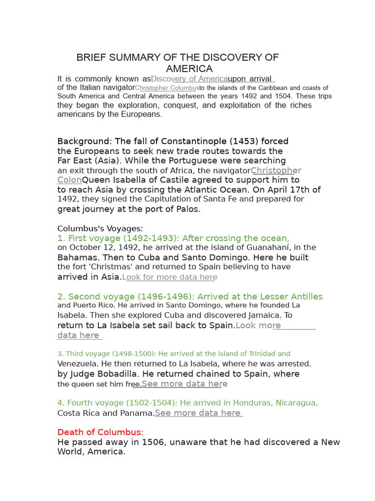 Short Summary of The Discovery of America | PDF