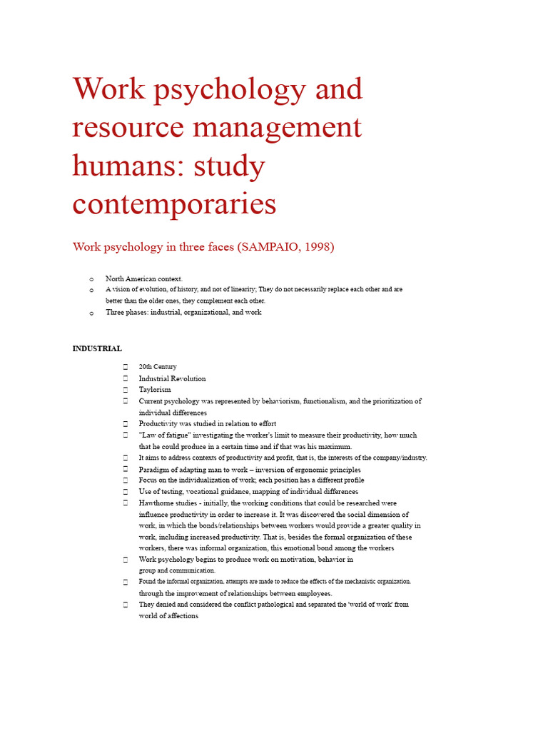 Work Psychology and Human Resources Management | PDF | Industrial And ...