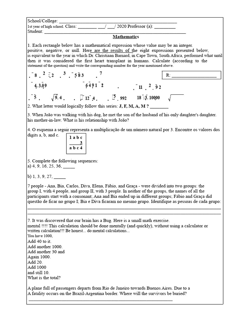 FIRST DAY OF CLASS ACTIVITIES MATHEMATICS 1st Year E.M | PDF | Numbers ...