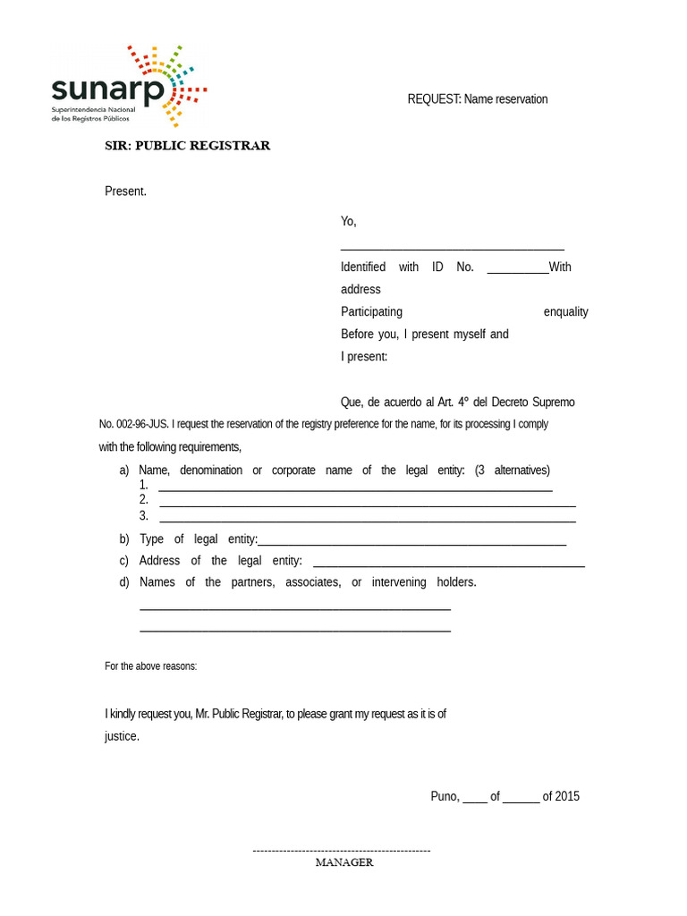 Request For Name Reservation SUNARP | PDF