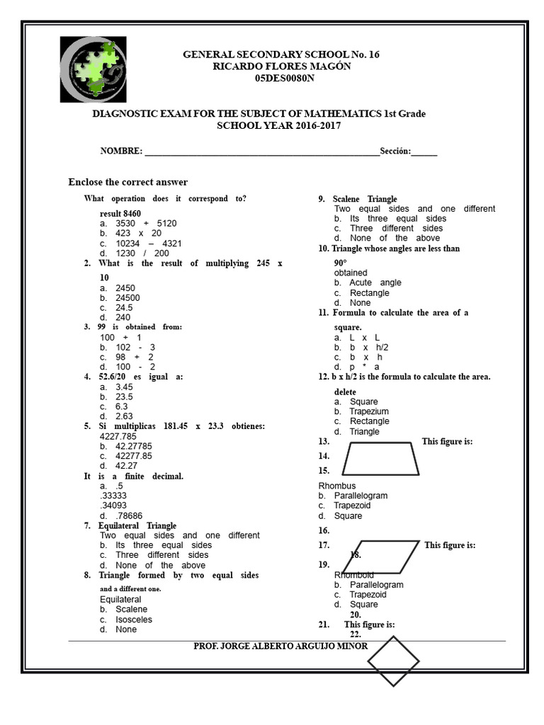 Diagnostic Exam Mathematics 1 | PDF | Area | Triangle