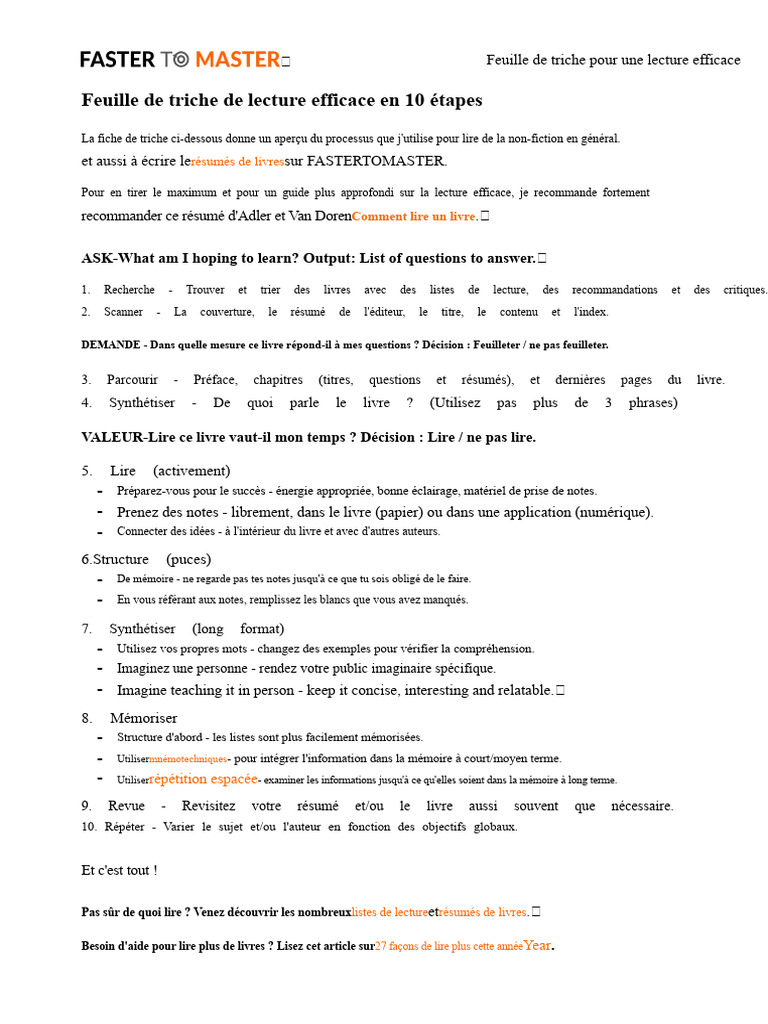 Lecture efficace en 10 étapes clés | PDF | Mémoire