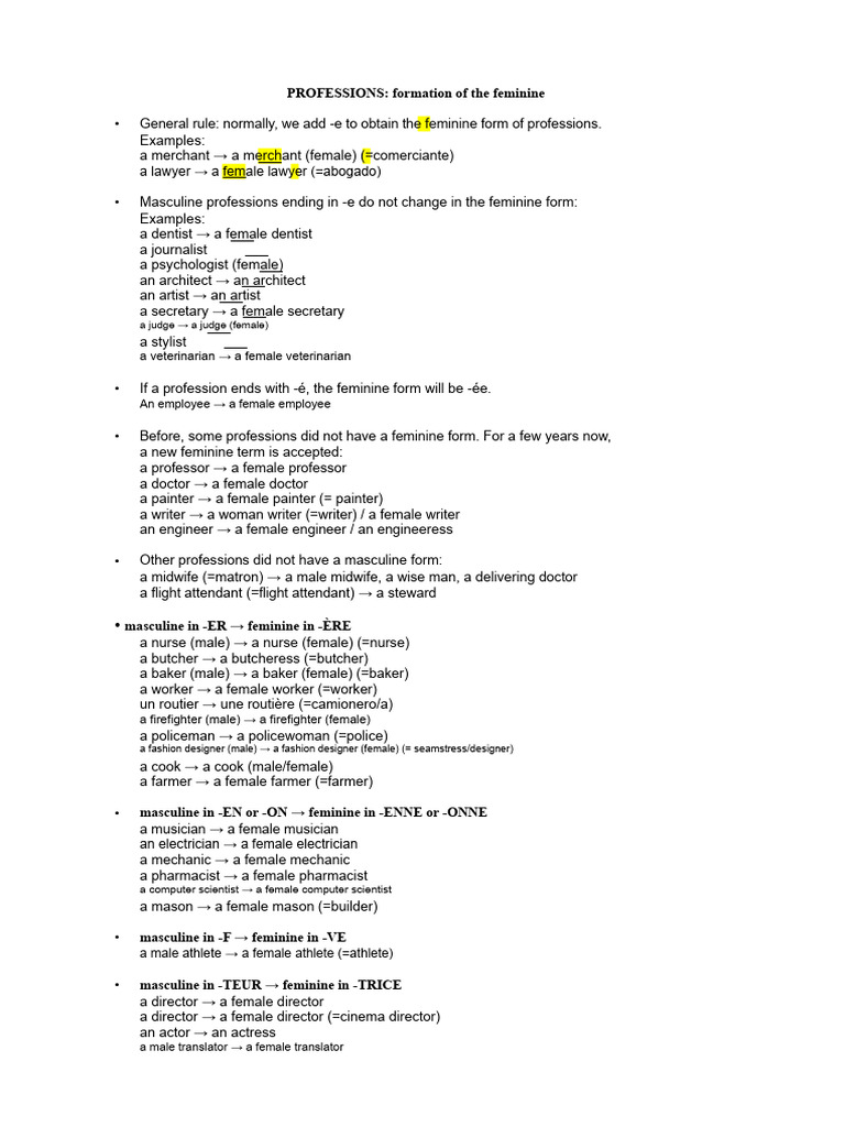 5 - UNIT 1 - Professions - Masculine and Feminine | PDF | Grammatical ...