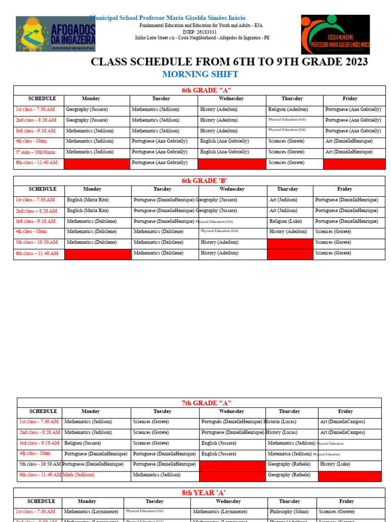 Class Schedule For 6th To 9th Grade and EJA 2023 | PDF | Kata | Science