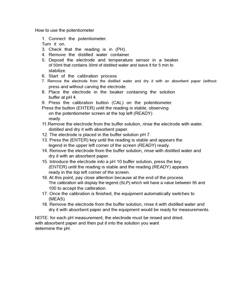 Potentiometer Calibration Guide | PDF | Ph | Buffer Solution