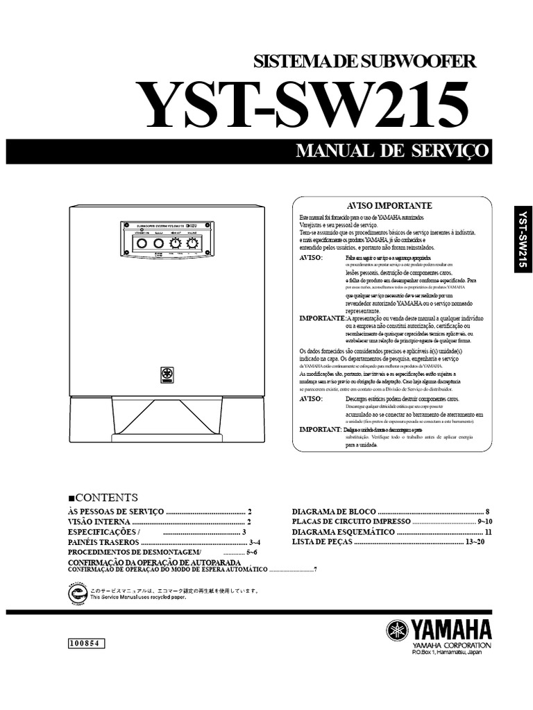 Manual de Serviço YAMAHA YST-SW215 | PDF | Conector elétrico | Diodo ...
