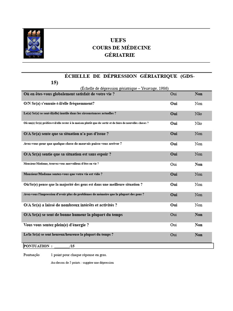 Échelle de dépression gériatrique GDS-15 | PDF