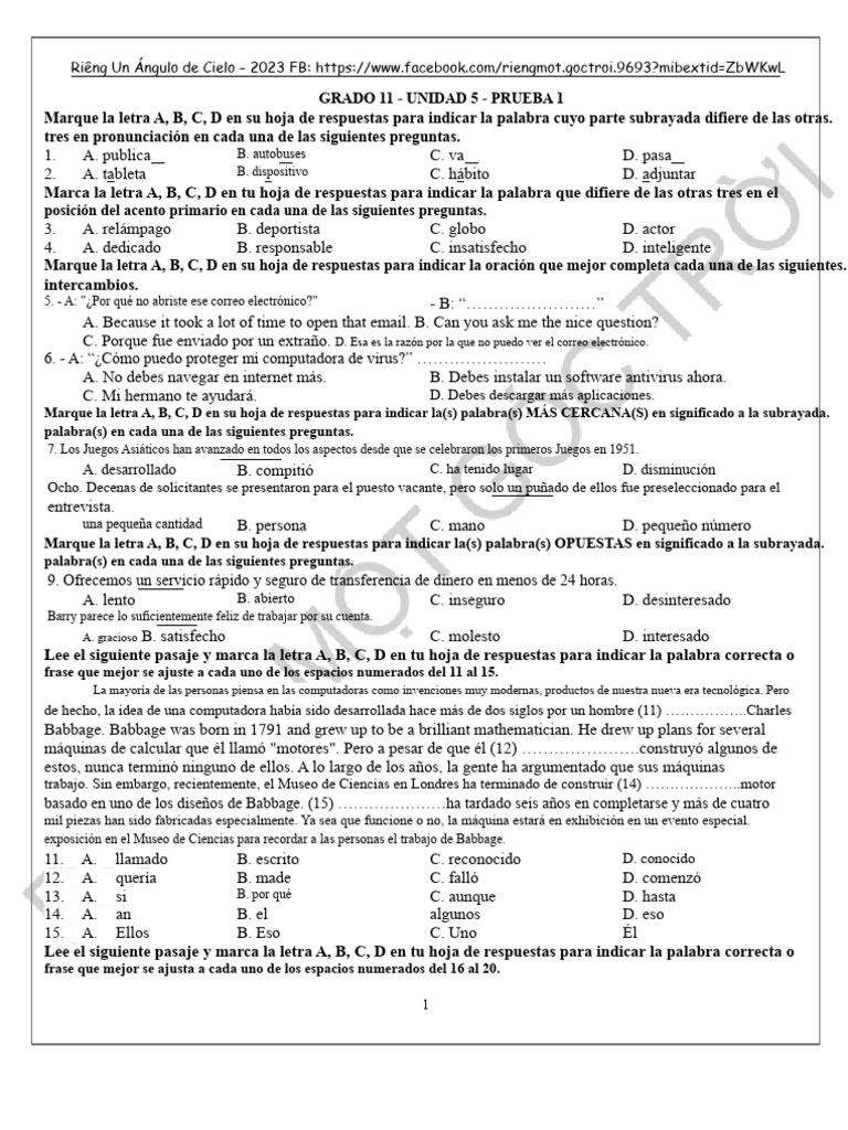 Examen Friends Global GRADE 11 - UNIDAD 5 - PRUEBA 1 - EXAMEN | PDF ...