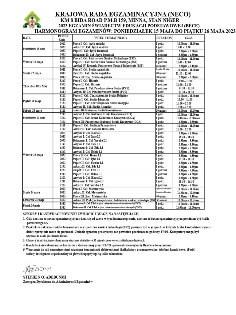 Harmonogram Bece 2023 | PDF