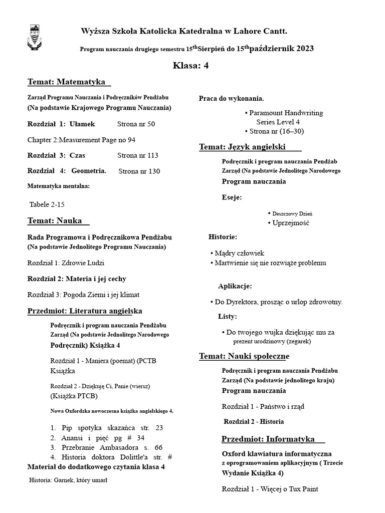 Program nauczania klasy 4 | PDF