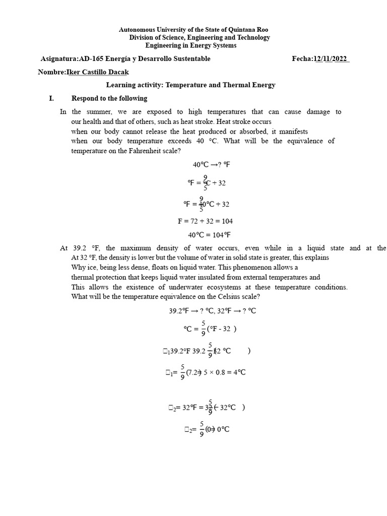 Temperature and Thermal Energy Calculations | PDF | Fahrenheit | Heat