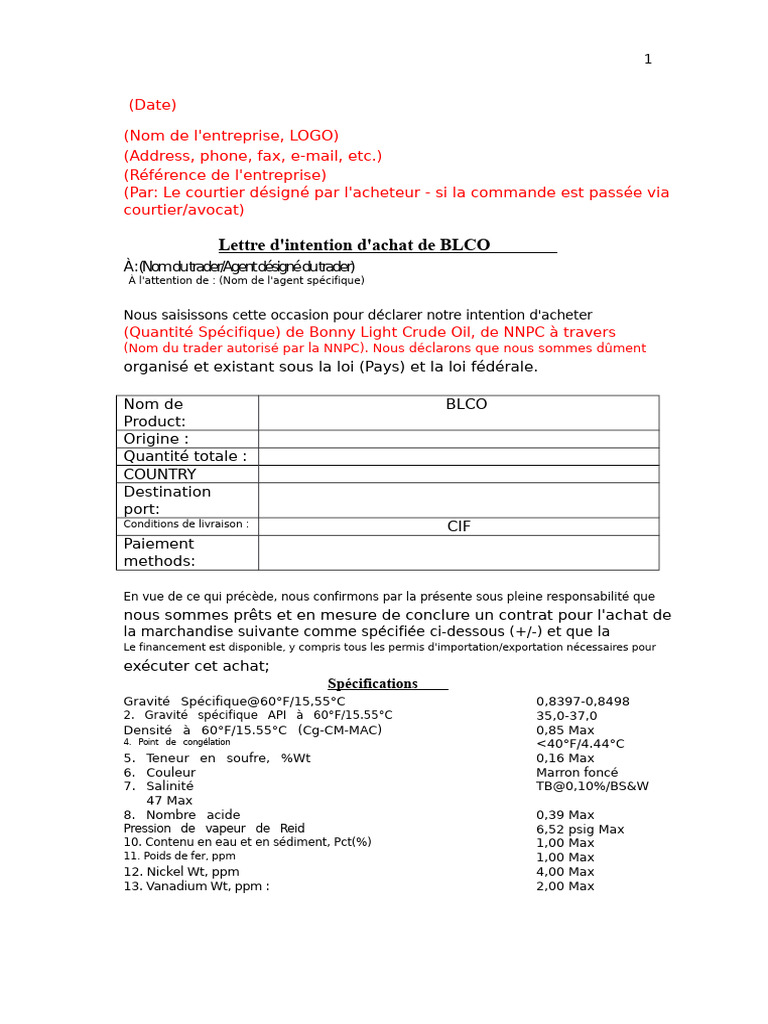 Lettre d'intention d'achat de BLCO | PDF | Économie