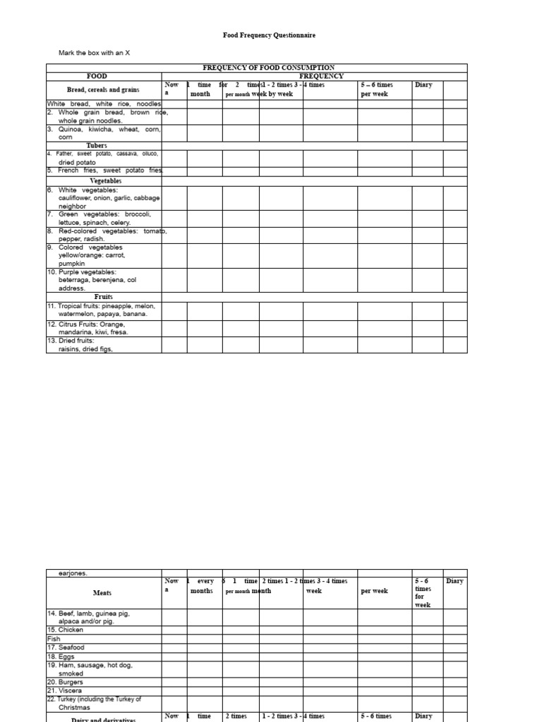 Food Frequency Questionnaire | PDF | Foods | Vegetables
