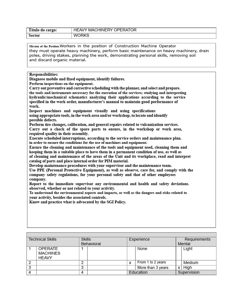 Job Description Model Heavy Equipment Operator | PDF | Heavy Equipment ...