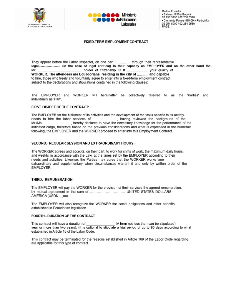 Fixed-Term Employment Contract Ecuador | PDF | Employment | Labour Law