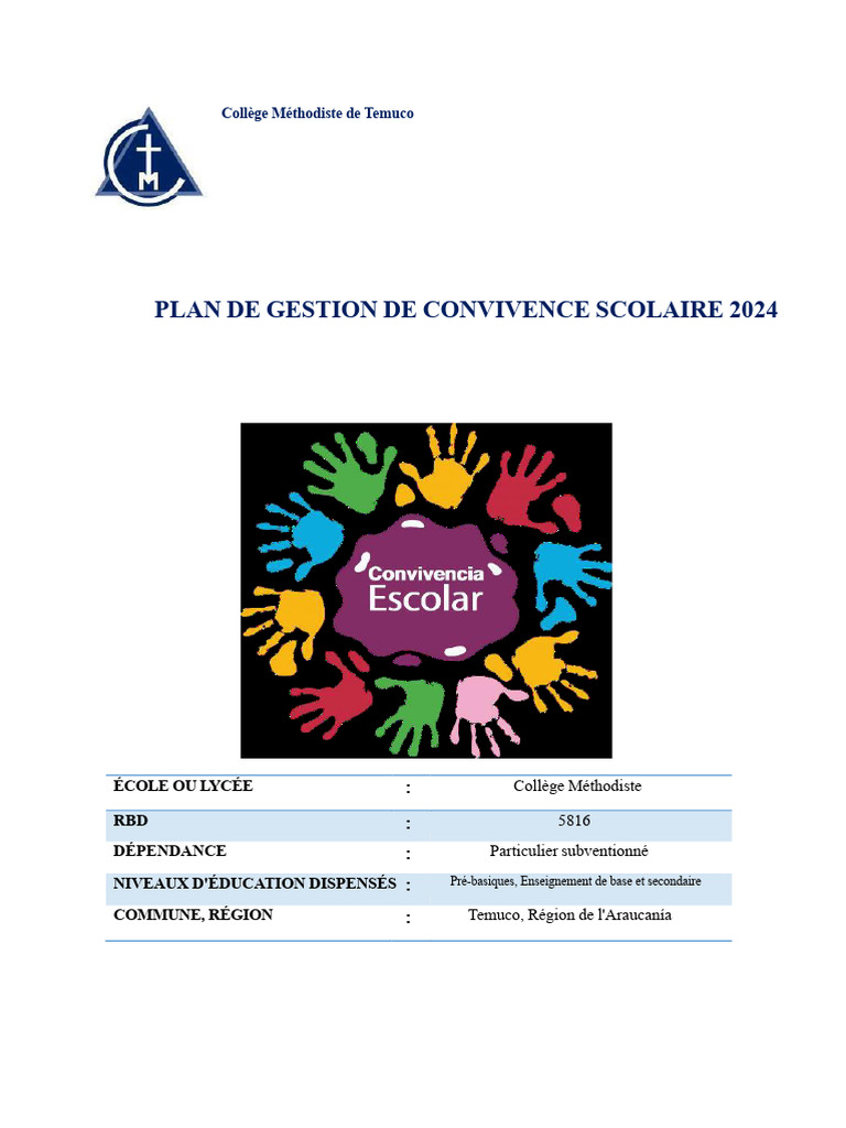 Plan de Convivence Scolaire 2024 Temuco | PDF | Médiation | Psychologie ...