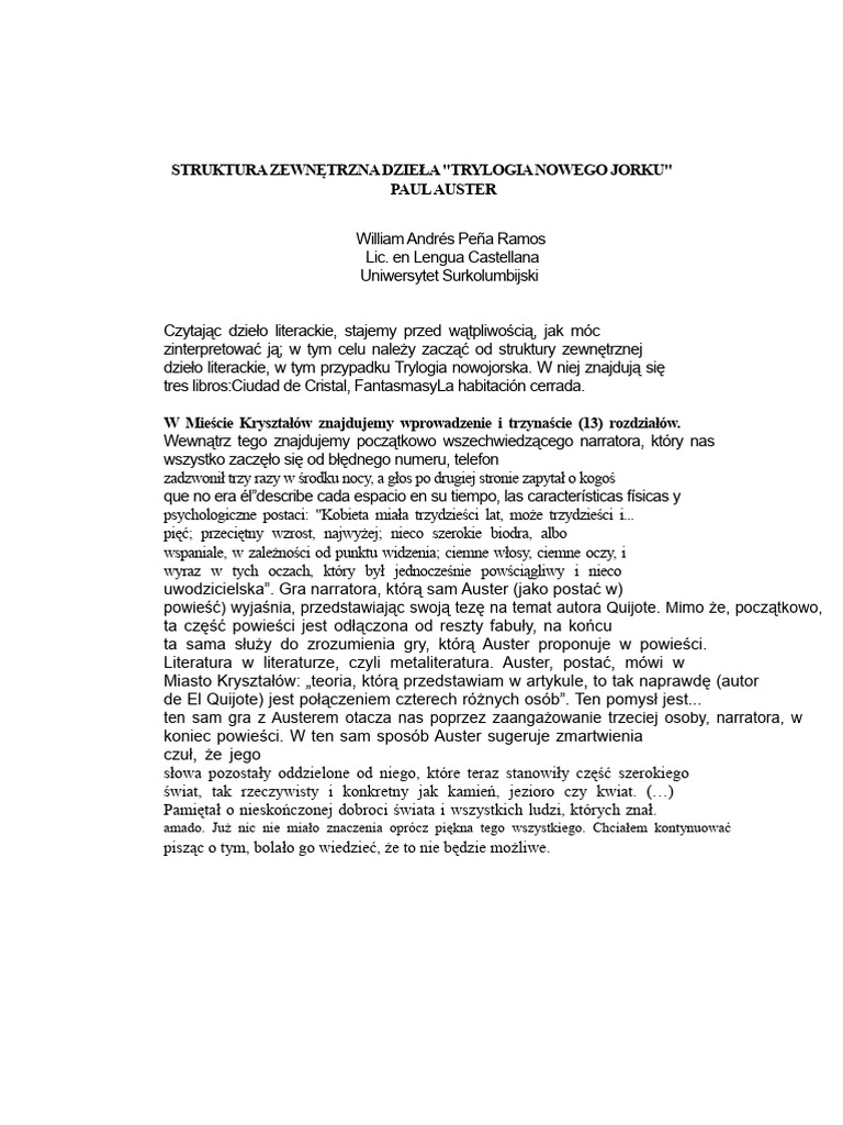 Trylogia Nowojorska - Paul Auster - Struktura Zewnętrzna | PDF