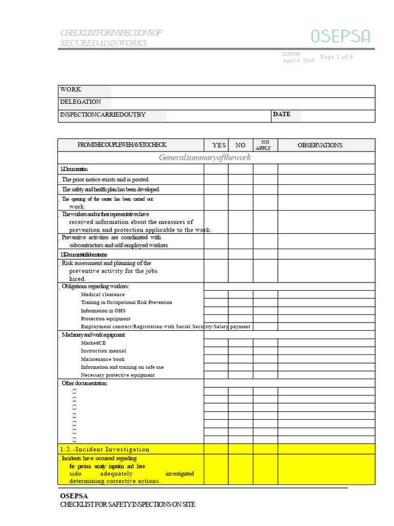 Safety Inspection Checklist For Construction Sites | PDF | Safety