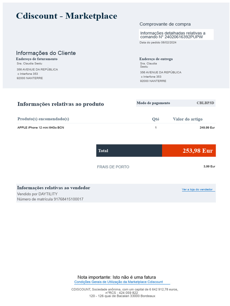 Comprovante de Compra Cdiscount - iPhone 12 | PDF