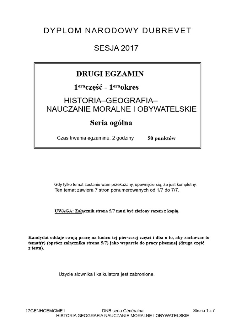 DNB 2017 Historia Geografia EMC Temat | PDF