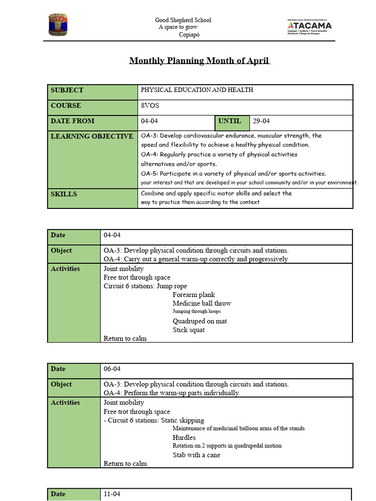 Monthly Planning Physical Education - 8th Grade - April | PDF ...