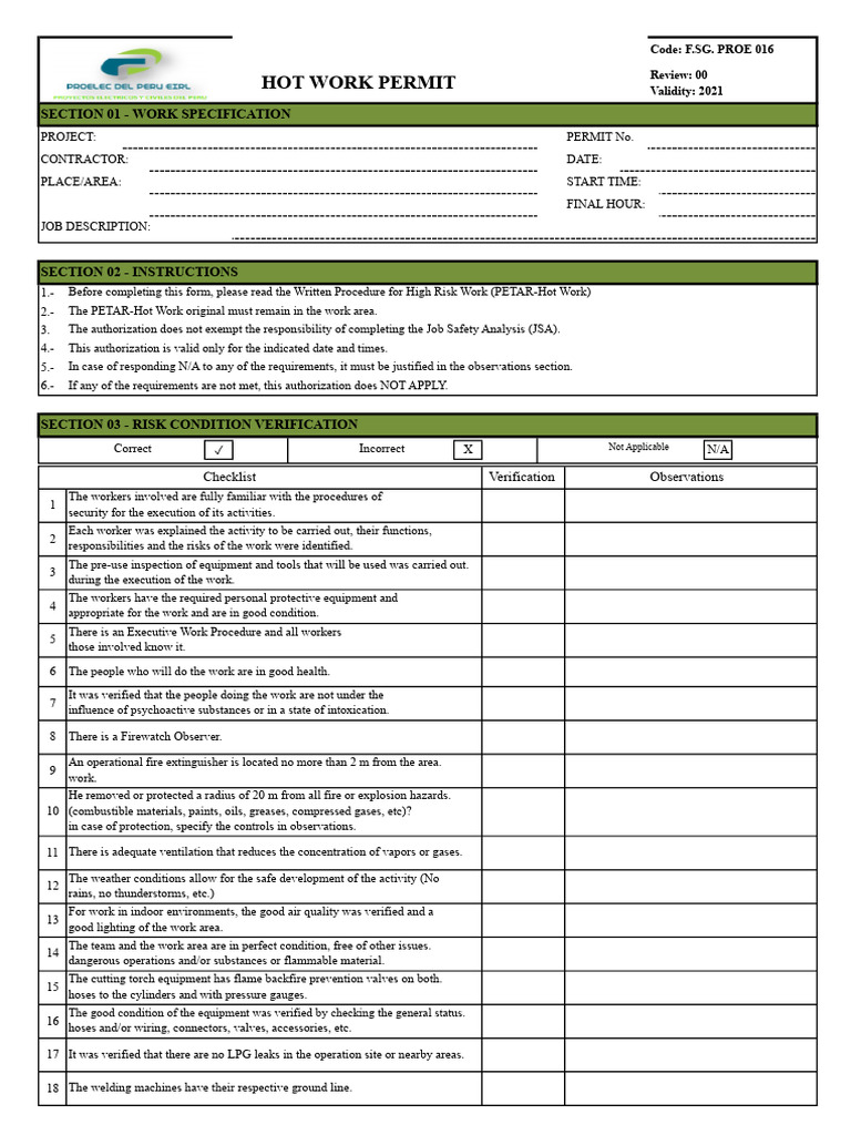 F.SG. PROE 017 - Hot Work Permit | PDF | Safety | Occupational Safety ...