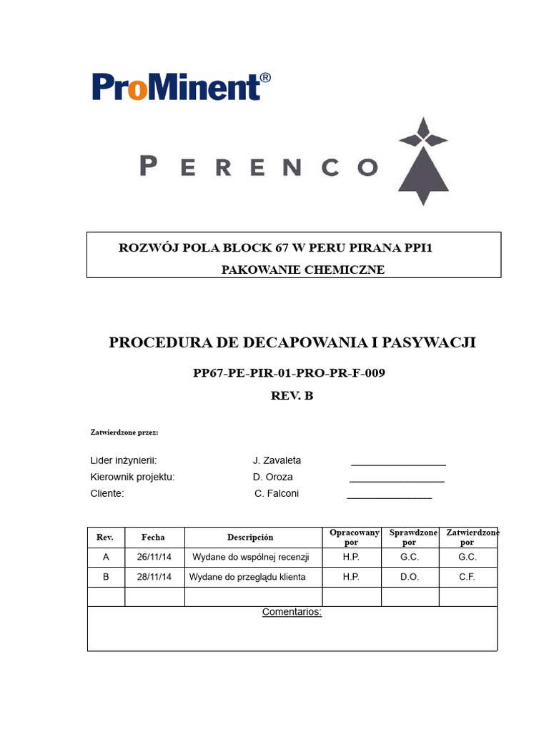 PP67 PE PIR 01 PRO PR F 009 - B Procedura Dekantacji I Pasywacji | PDF