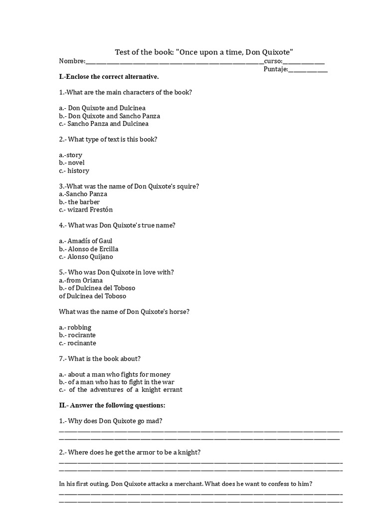 Don Quixote Book Test Questions | PDF | Don Quixote | Comedy Novels