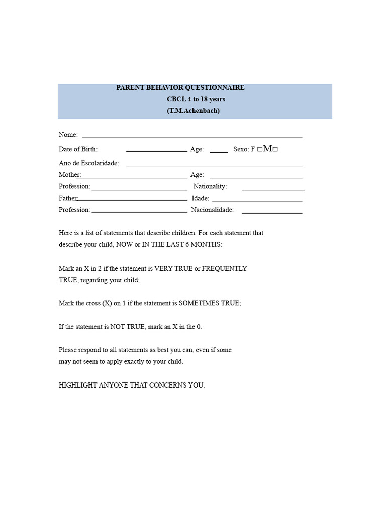 Parent Behavior Questionnaire | PDF | Nausea