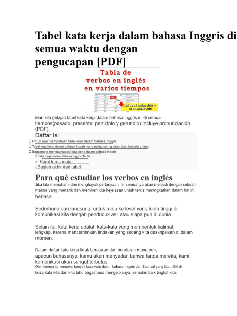 Tabel Kata Kerja Bahasa Inggris Lengkap | PDF